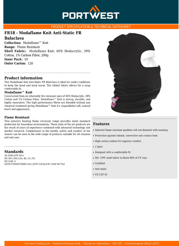 7x Portwest Modaflame Knit Anti-Static FR Fire Flame Resistant Balacla ...