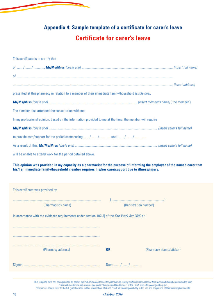 Medical Certificate Sick Patient Carer Parental Leave Absence From Wor ...
